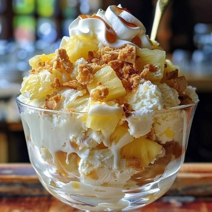 Pineapple Sundae with Whipped Cream and Caramel Sauce - CYSSERO