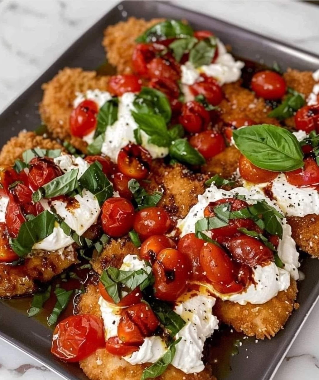Crispy Chicken with Burrata, Roasted Cherry Tomatoes, and Basil - CYSSERO