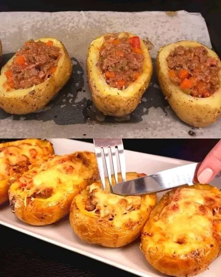 Stuffed Baked Potatoes with Ground Beef and Cheese - CYSSERO