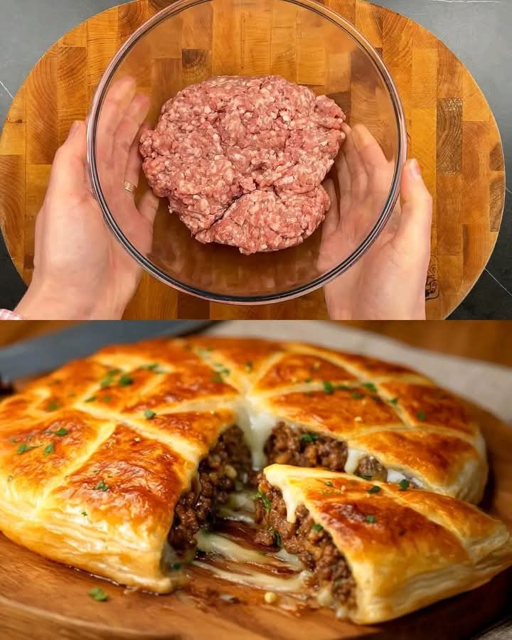 Cheesy Ground Beef Puff Pastry Pie - CYSSERO