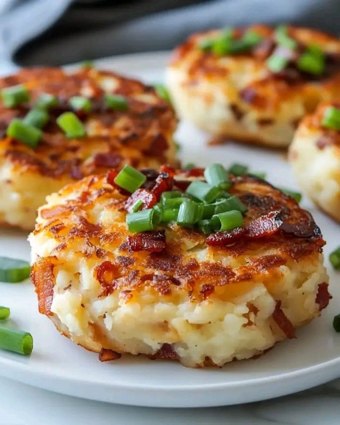 Cheesy Mashed Potato Cakes with Bacon & Green Onion - CYSSERO