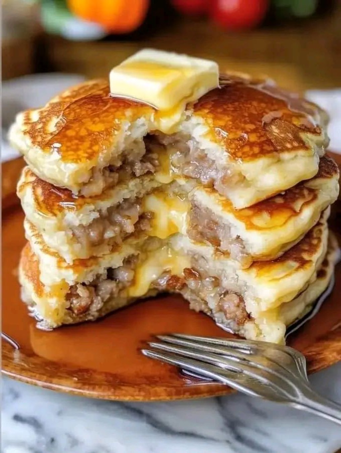 Fluffy Sausage-Stuffed Pancakes with Maple Syrup - CYSSERO