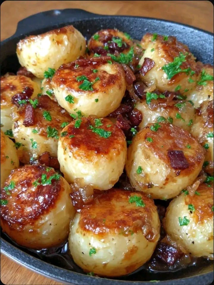 Crispy Garlic Butter Baby Potatoes with Caramelized Onions and Bacon ...